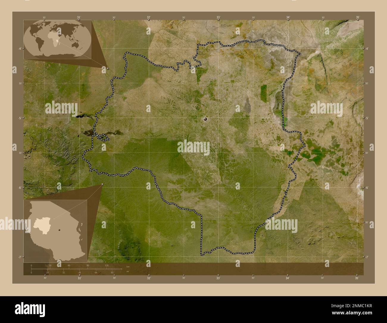 Tabora, region of Tanzania. Low resolution satellite map. Corner ...