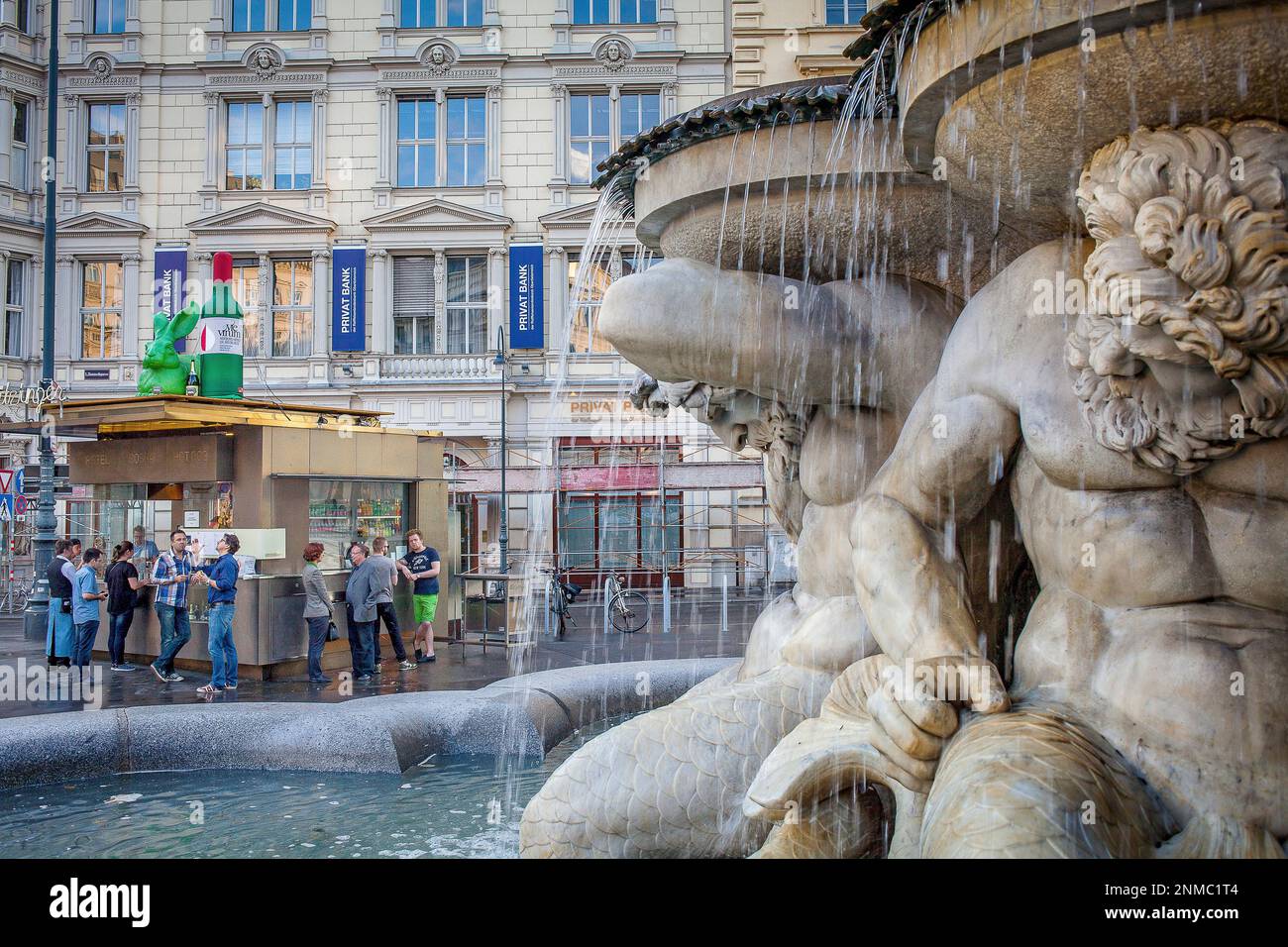 The famous Bitzinger Wurstelstand kiosk and Danubius fountain,also ...