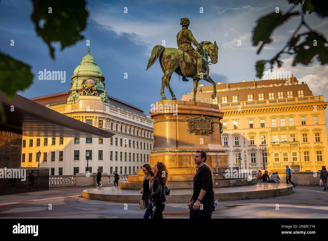 Entrance to Albertina Palace museum. Equestrian statue (Albrecht ...