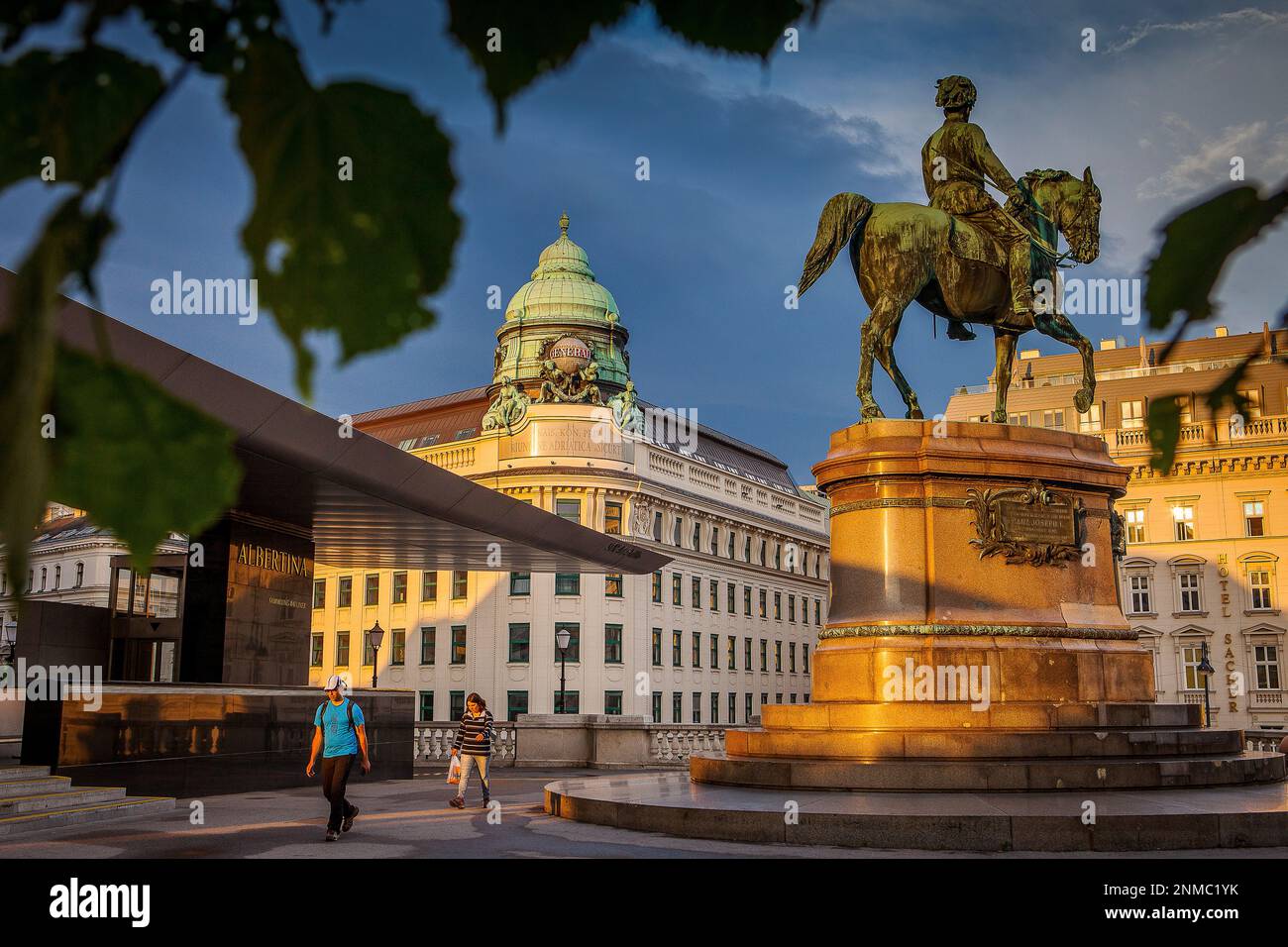 Entrance to Albertina Palace museum. Equestrian statue (Albrecht ...