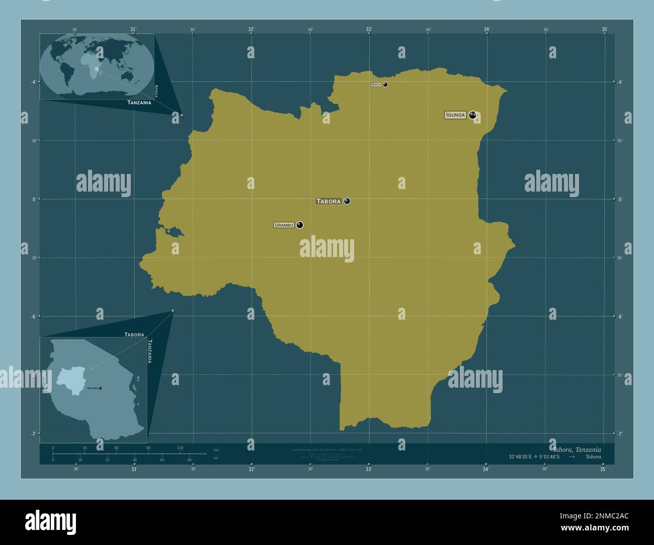Tabora, region of Tanzania. Solid color shape. Locations and names of ...