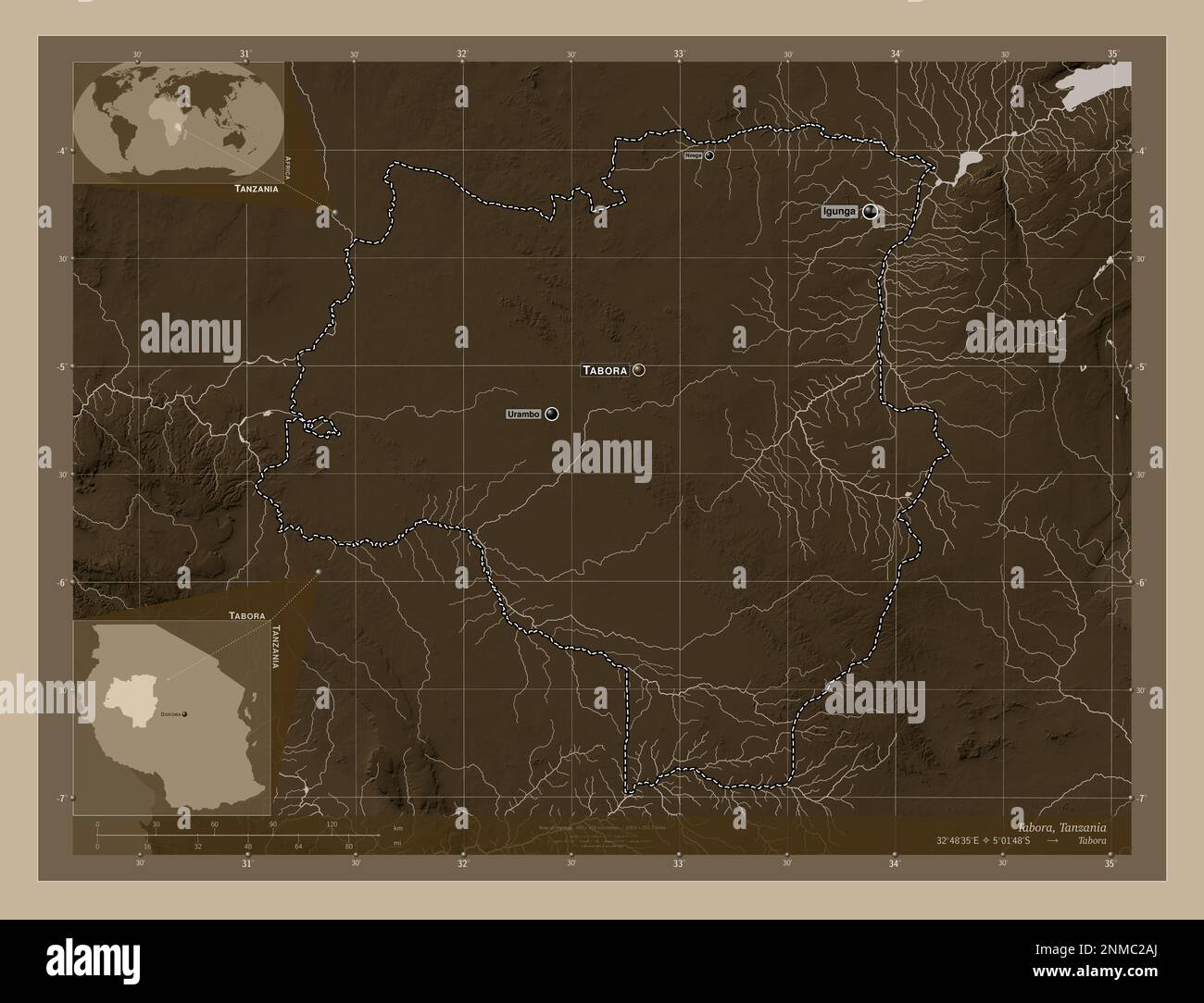 Tabora, region of Tanzania. Elevation map colored in sepia tones with ...