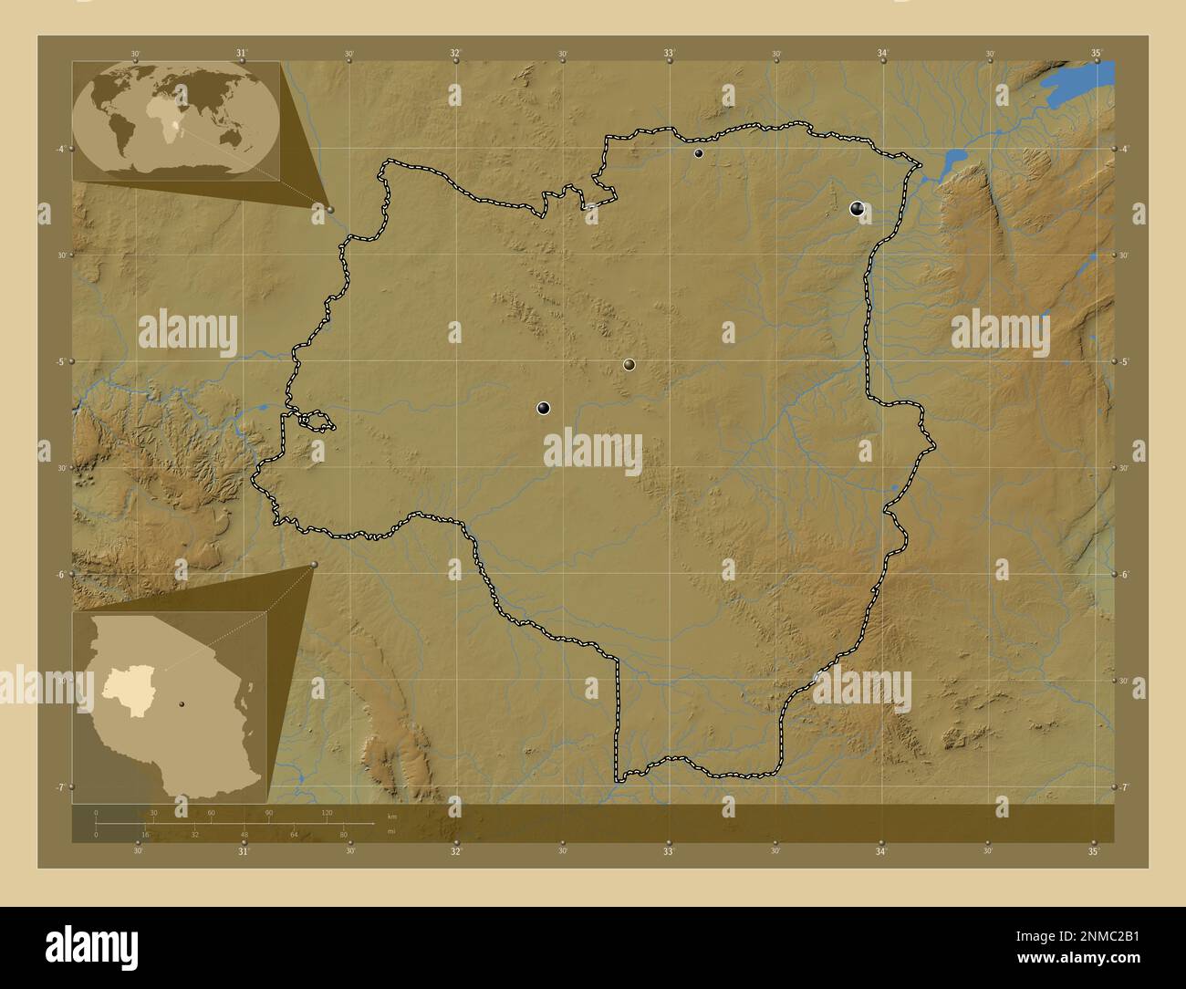 Tabora, region of Tanzania. Colored elevation map with lakes and rivers ...