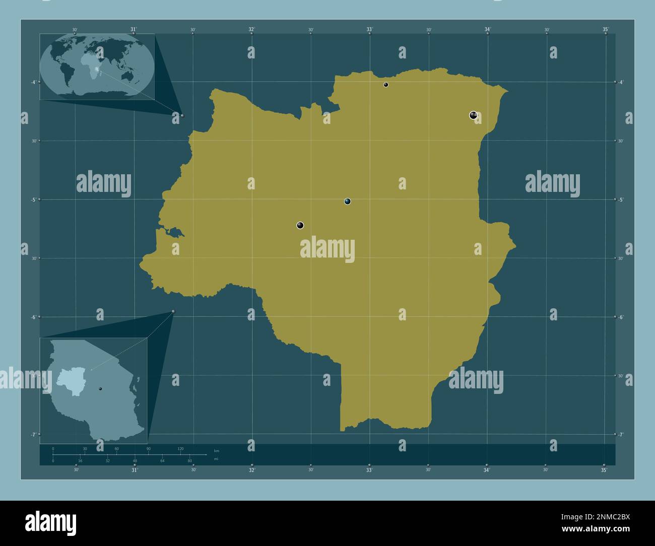Tabora, region of Tanzania. Solid color shape. Locations of major ...