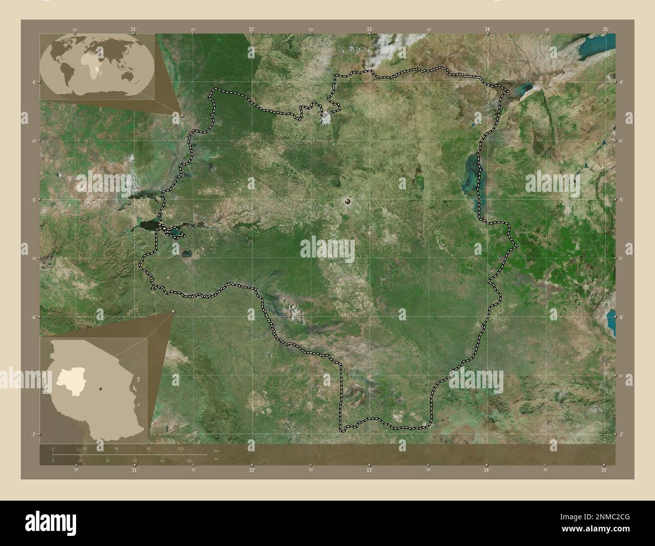 Tabora, region of Tanzania. High resolution satellite map. Corner ...