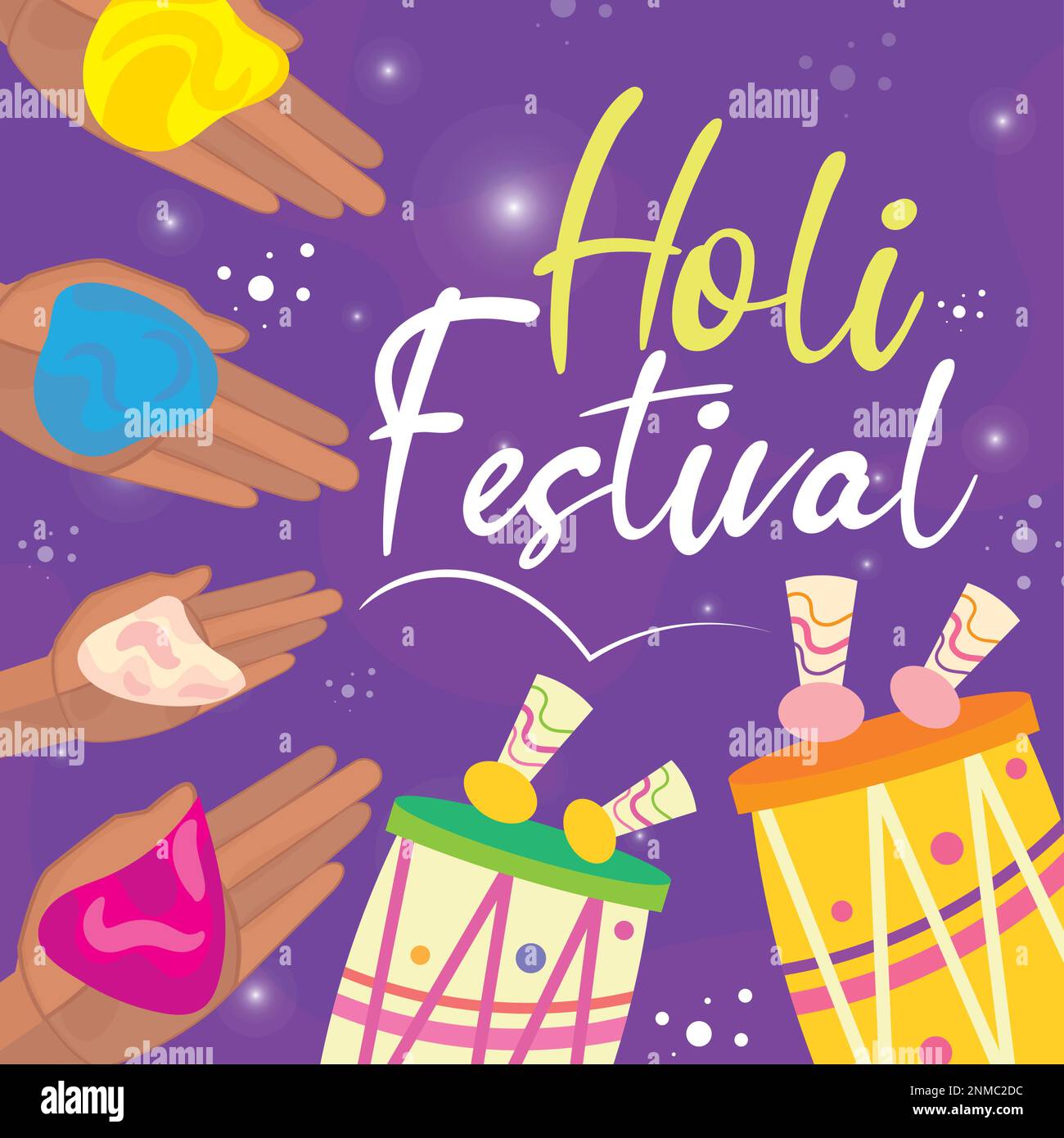 Colored holi festival poster with drums and hands with powder Vector ...