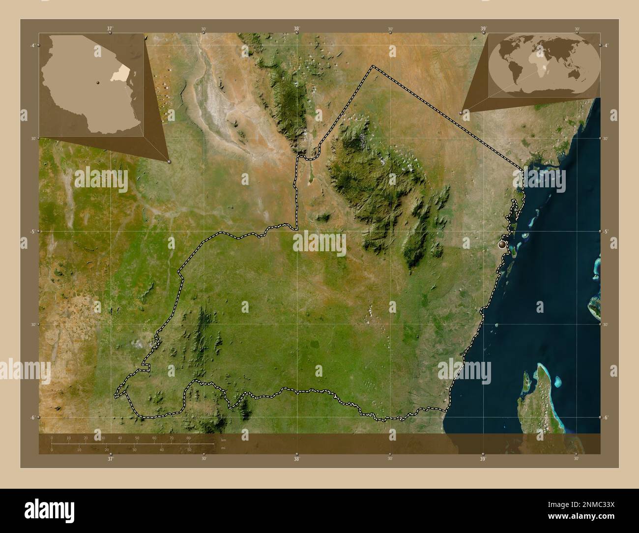 Tanga, region of Tanzania. Low resolution satellite map. Corner ...