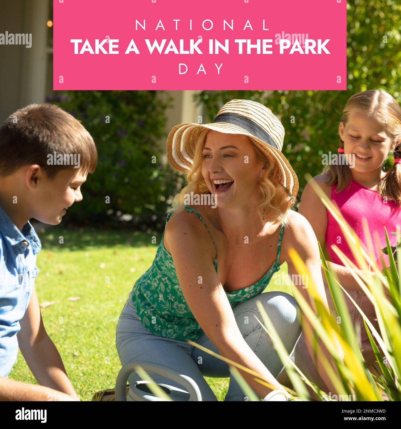 National take a walk in the park day text over happy caucasian mother ...