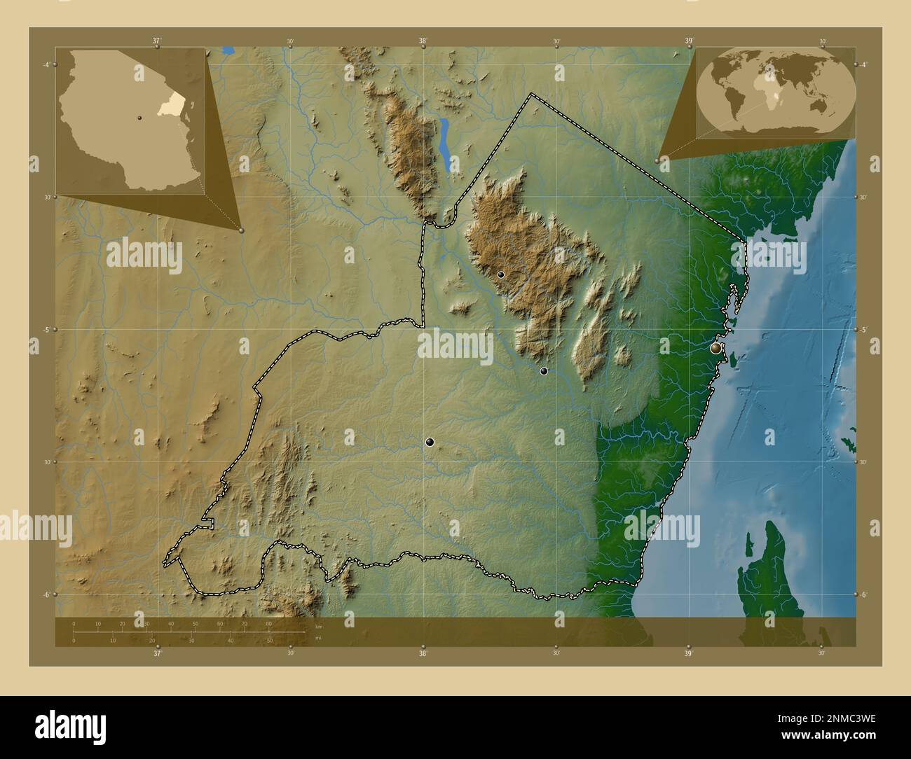 Tanga, region of Tanzania. Colored elevation map with lakes and rivers ...