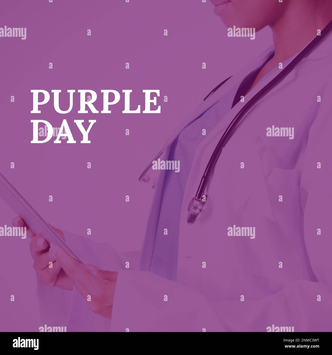 Composition of purple day text over african american female doctor on ...