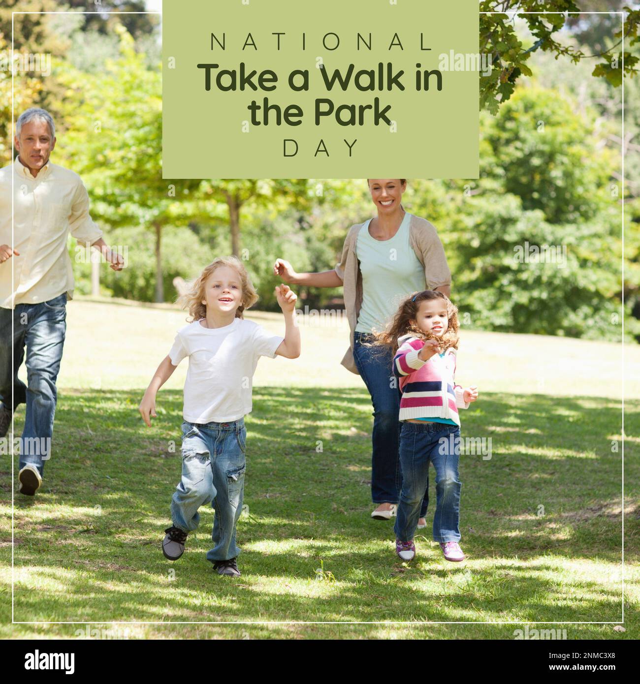 National take a walk in the park day text over happy caucasian family ...