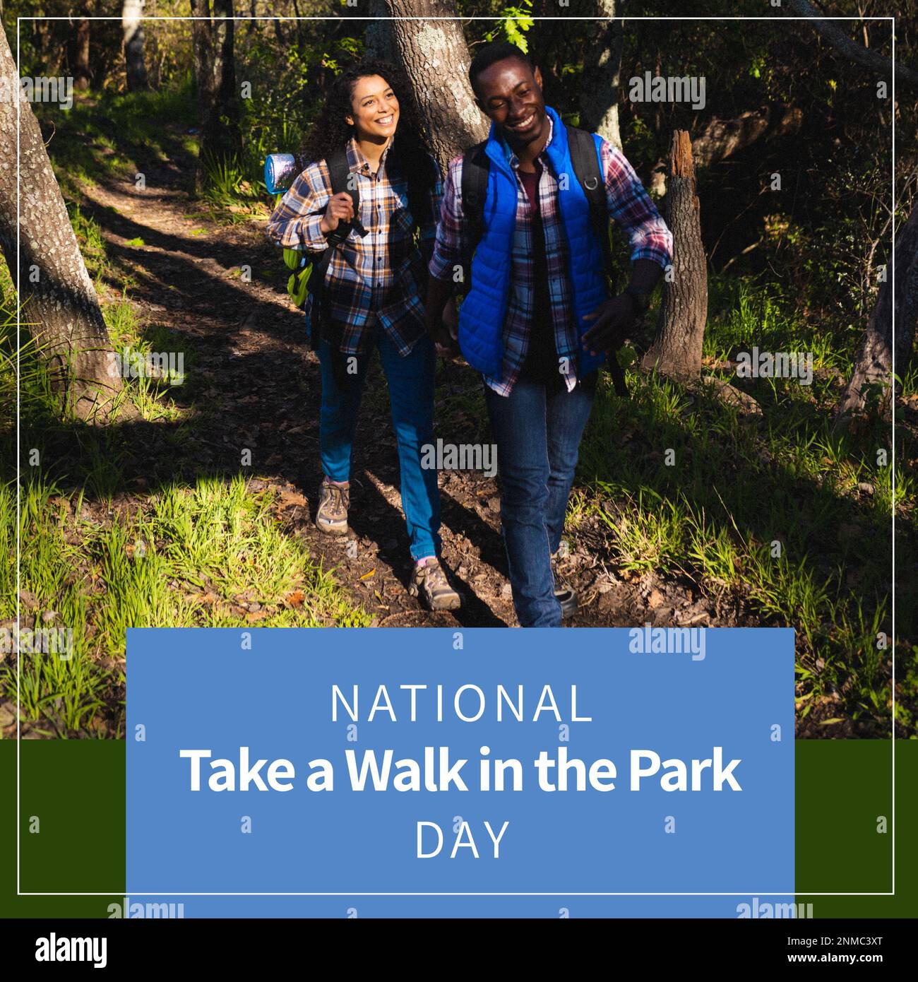 National take a walk in the park day text over happy diverse couple ...