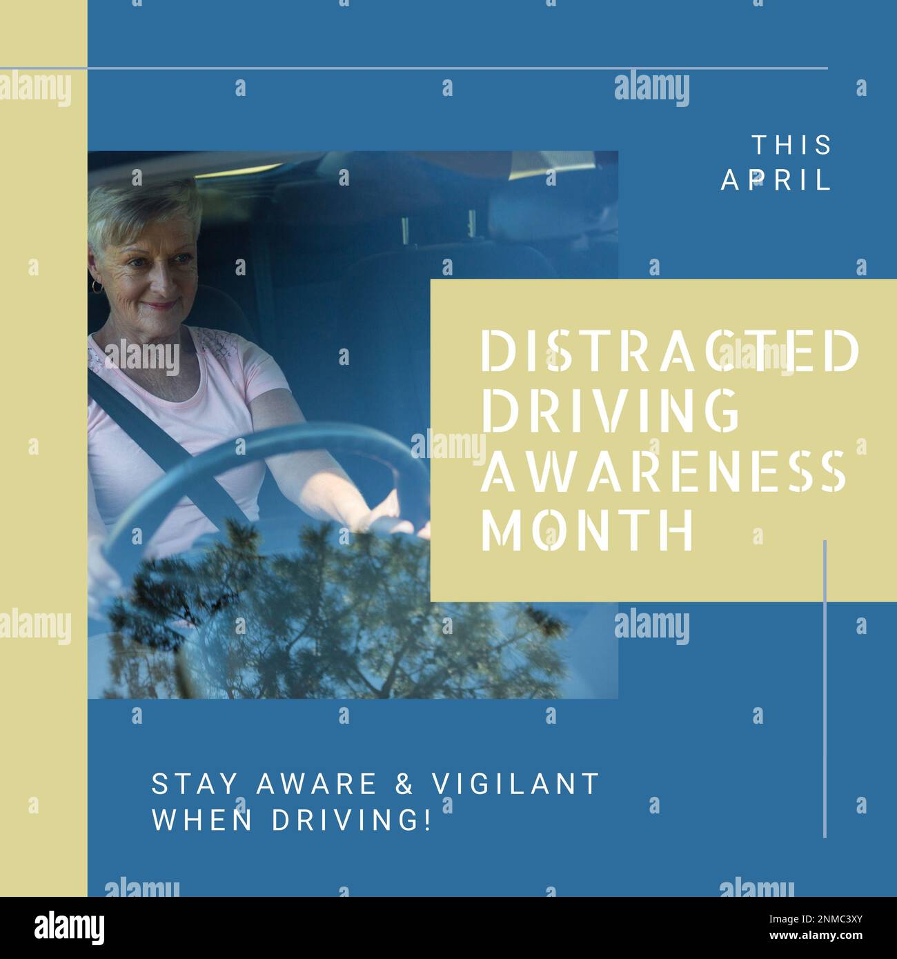 Composition of distracted driving awareness month text over senior ...