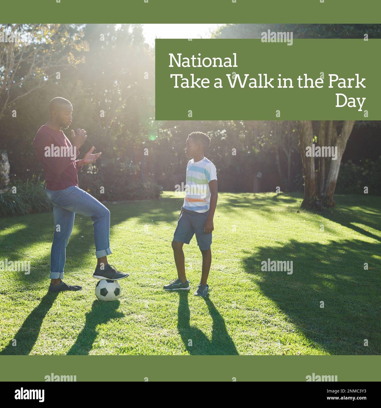 National Take A Walk In The Park Day Text Over African American Father