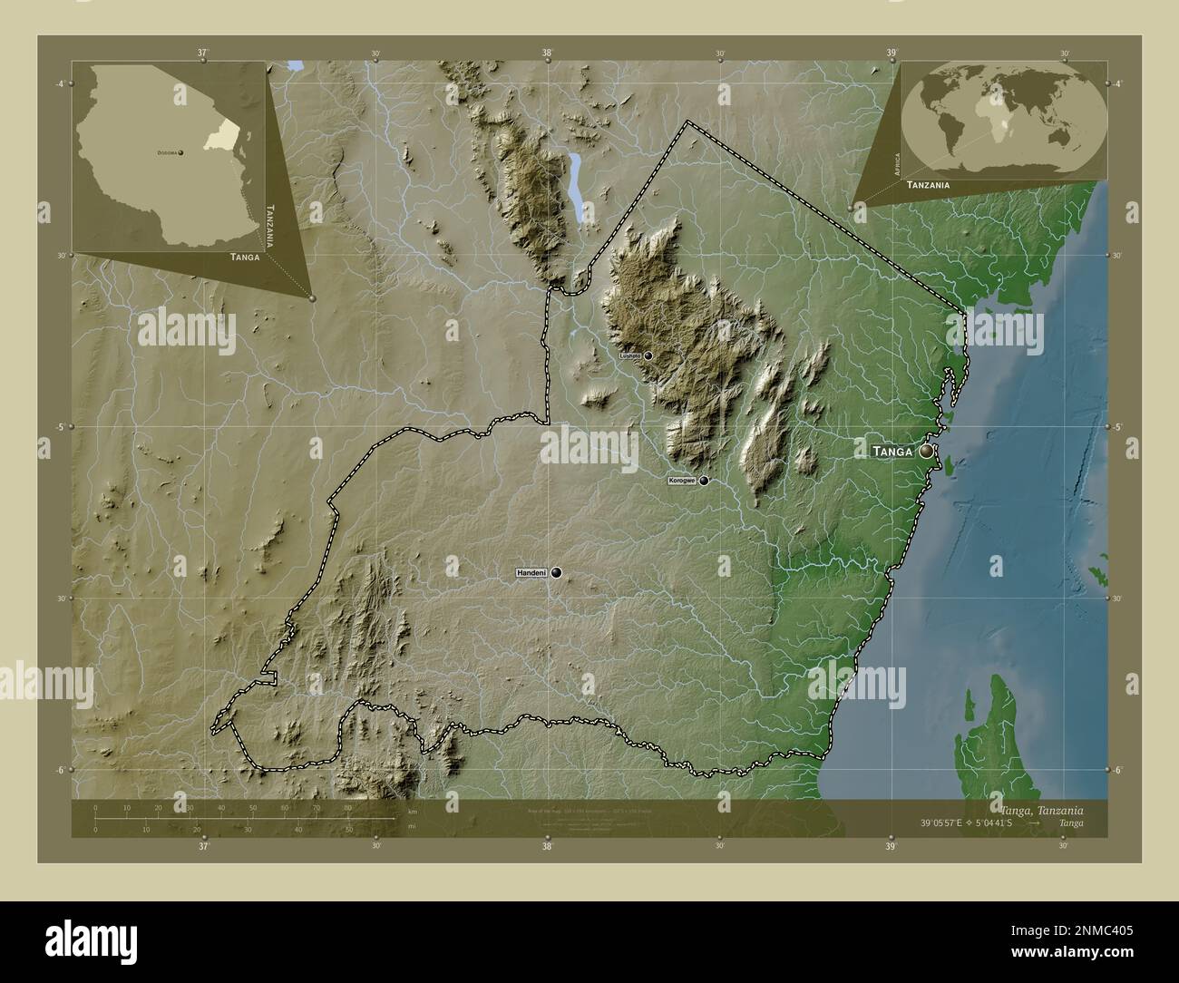 Tanga, region of Tanzania. Elevation map colored in wiki style with ...