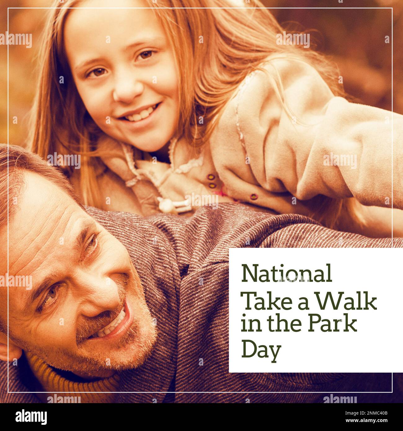 National take a walk in the park day text over happy caucasian father ...