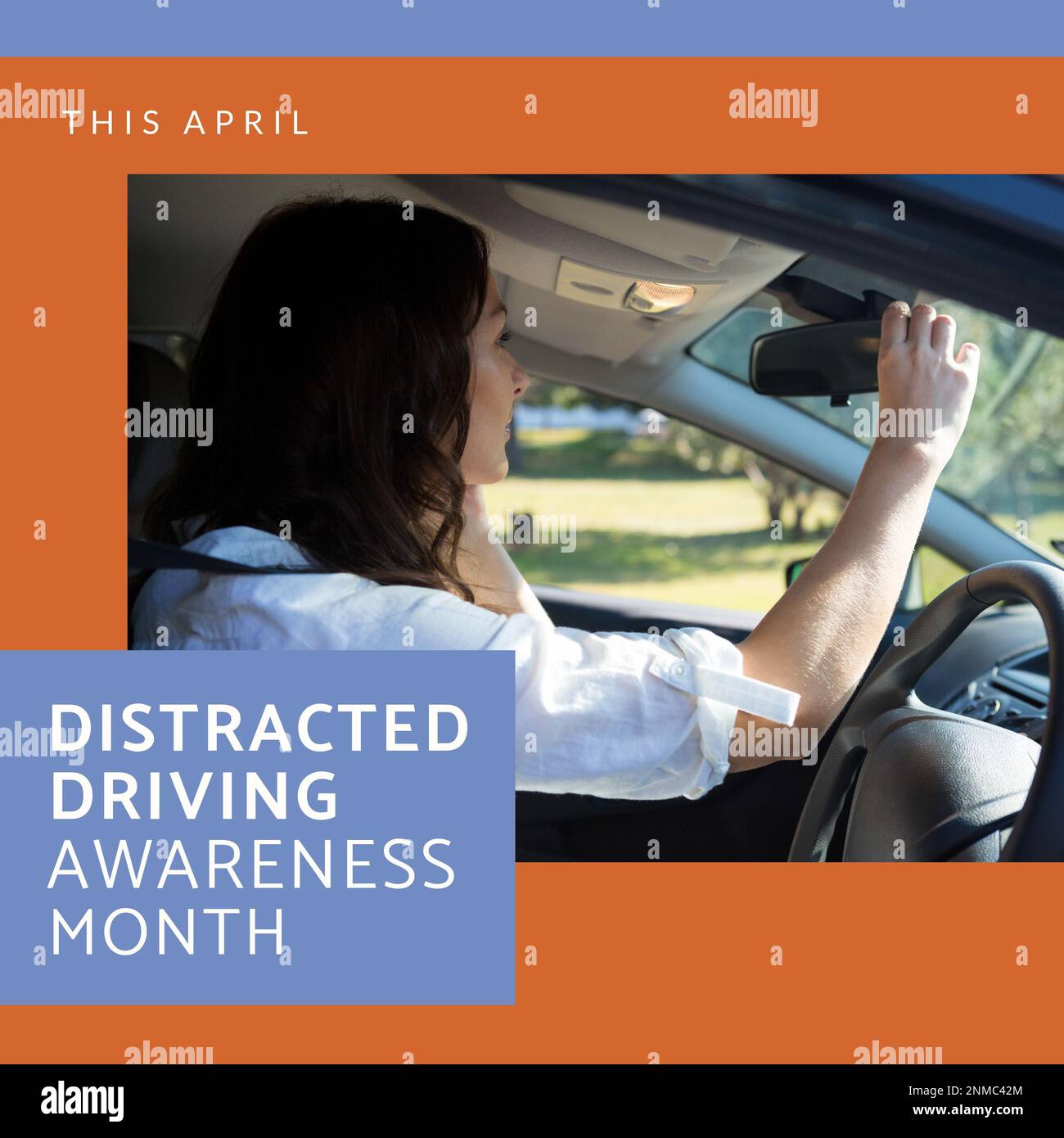 Composition of distracted driving awareness month text over caucasian ...