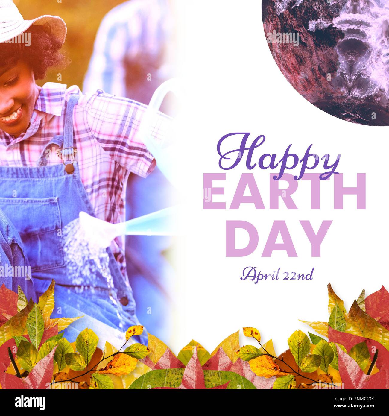 Image of happy earth day text over globe, leaves and happy african ...