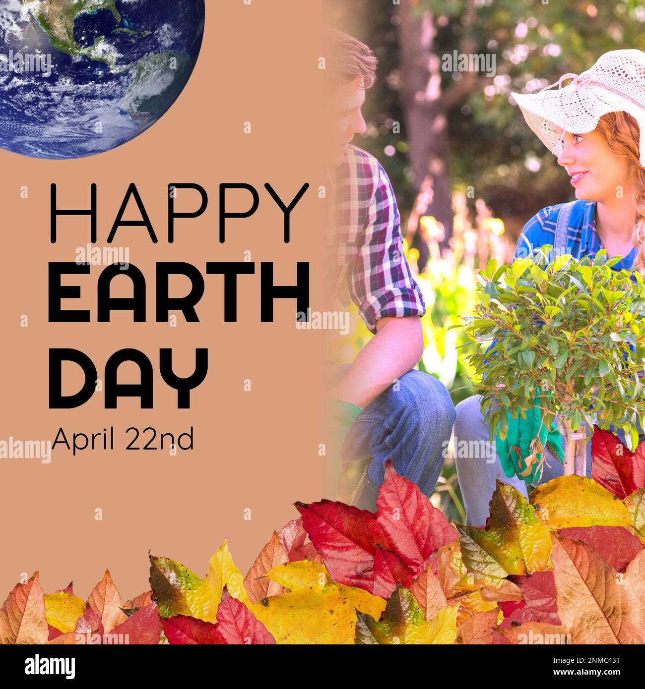 Image of happy earth day text over globe, leaves and caucasian couple ...