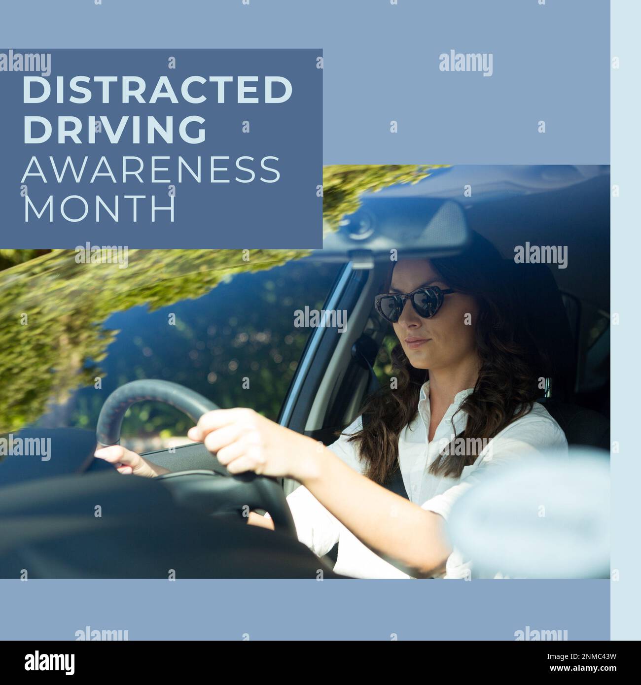 Composition of distracted driving awareness month text over caucasian ...