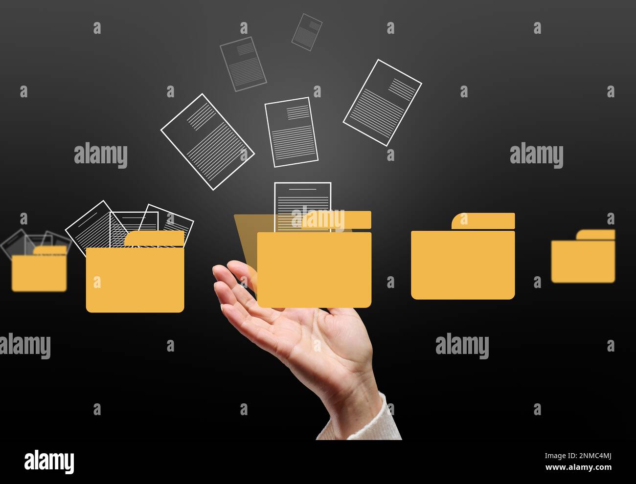 A female hand and virtual icons of folders and files, a concept of data ...