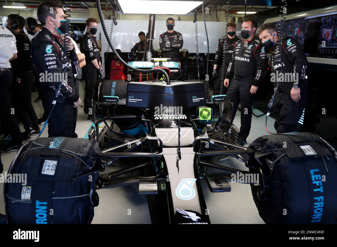 Mercedes pit crew prepare one of their vehicle prior the Formula One ...