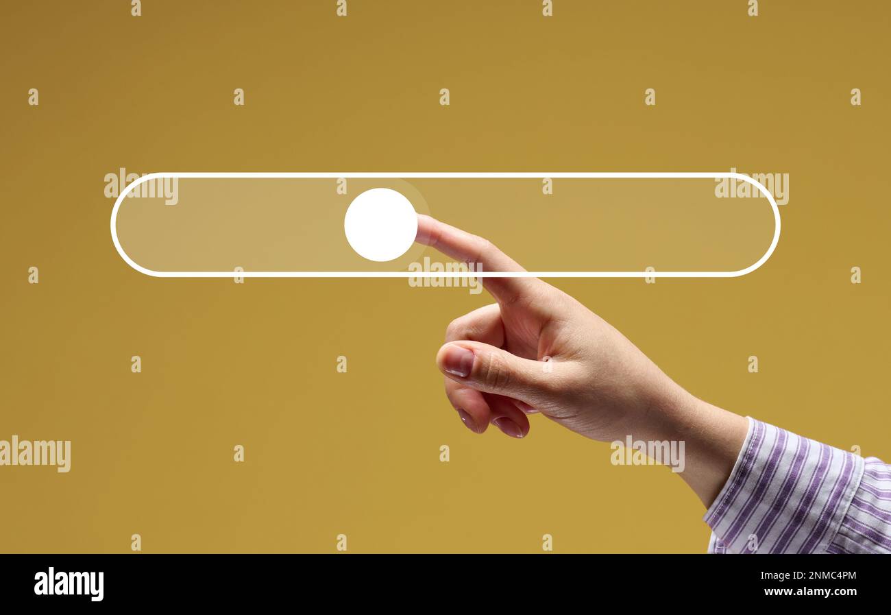 A female hand and a virtual loading bar icon for input and search of ...
