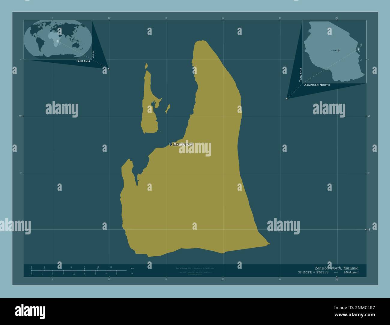 Zanzibar North, region of Tanzania. Solid color shape. Locations and ...
