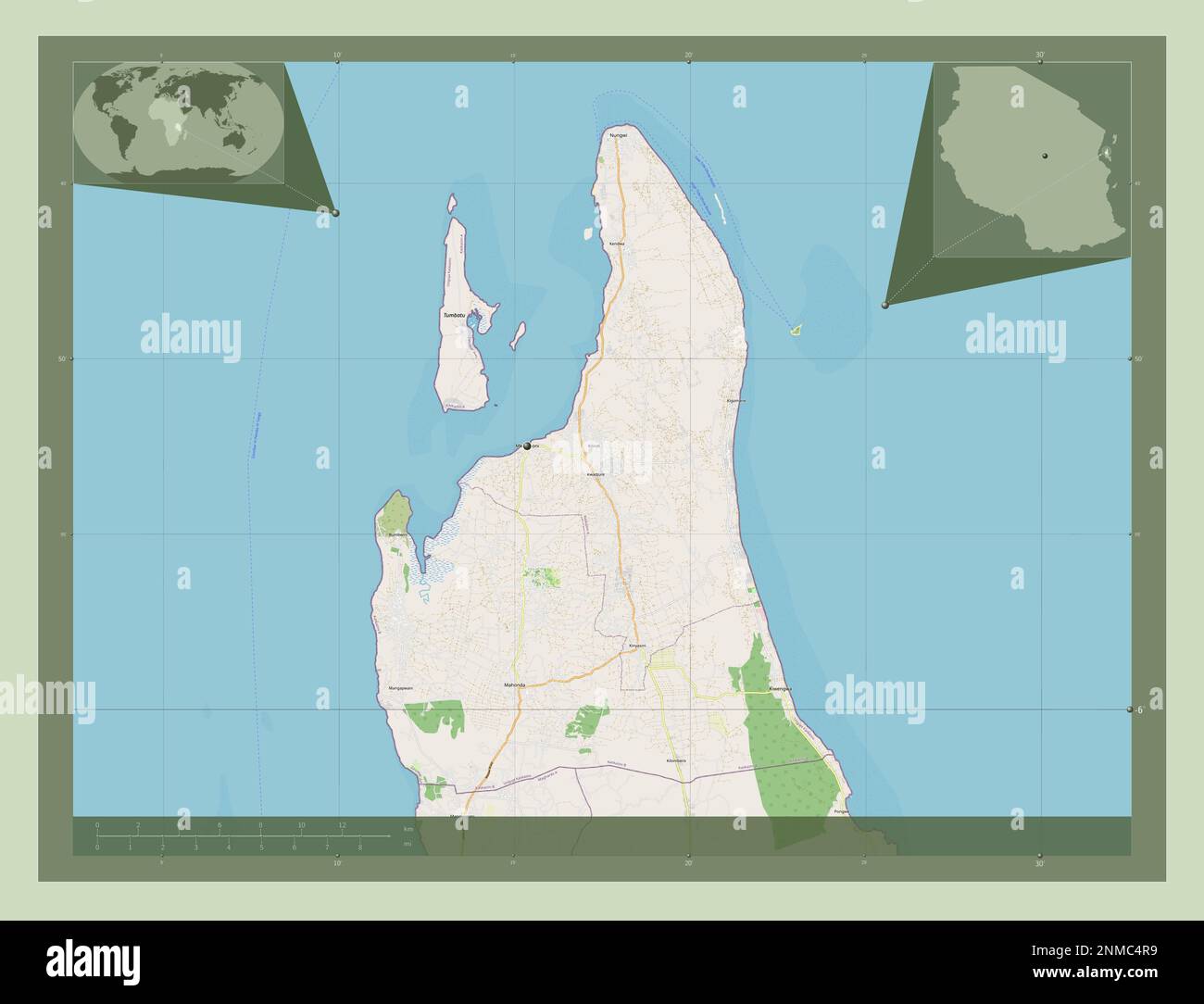 Zanzibar North, region of Tanzania. Open Street Map. Locations of major ...