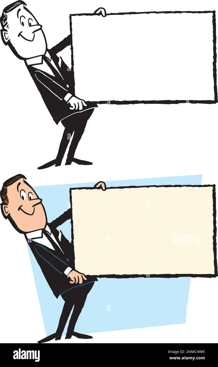 A vintage retro cartoon of a businessman holding up a blank sign Stock ...