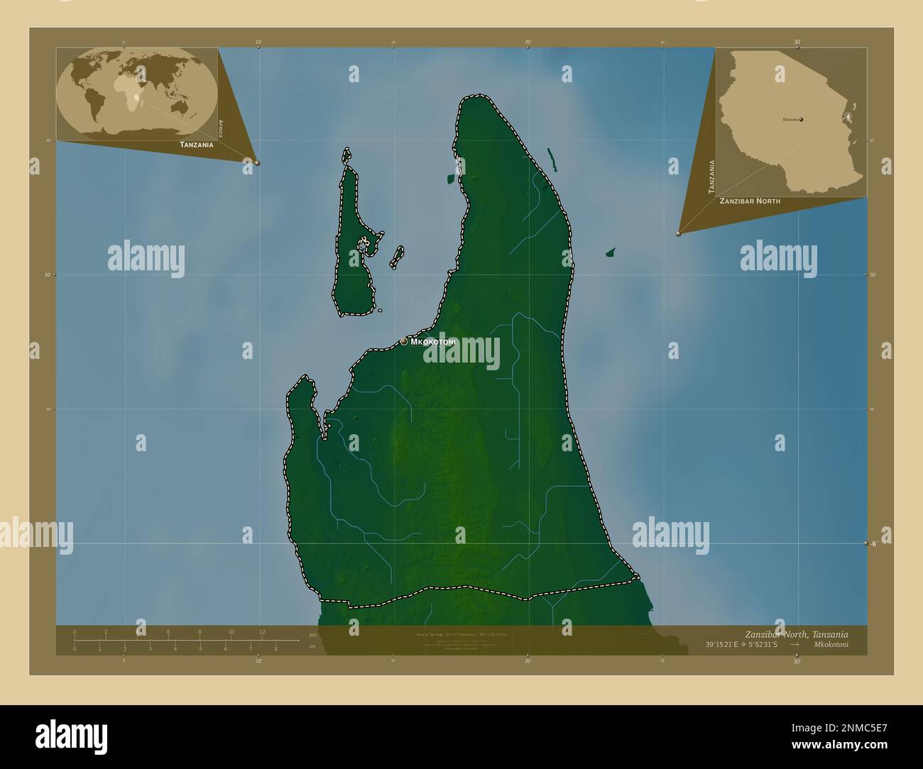 Zanzibar North, region of Tanzania. Colored elevation map with lakes ...