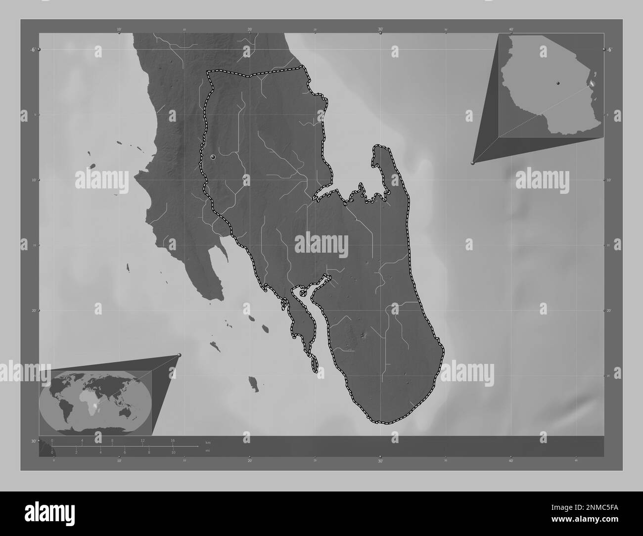 Zanzibar South and Central, region of Tanzania. Grayscale elevation map ...