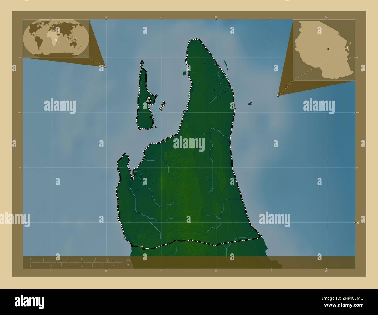 Zanzibar North, region of Tanzania. Colored elevation map with lakes ...