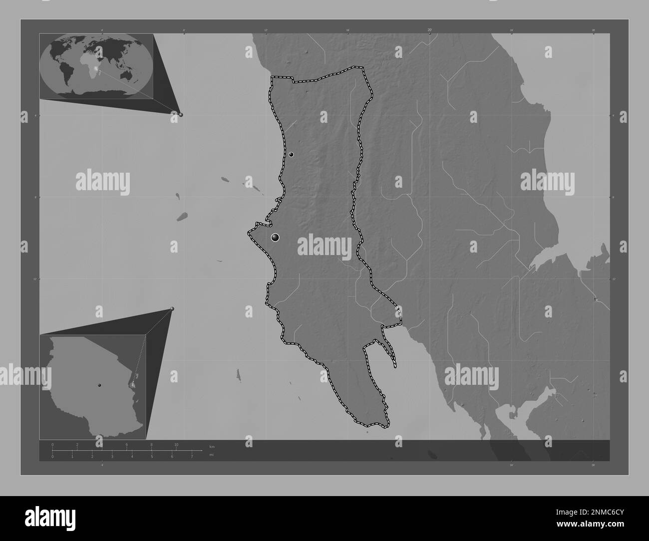 Zanzibar West, region of Tanzania. Bilevel elevation map with lakes and ...