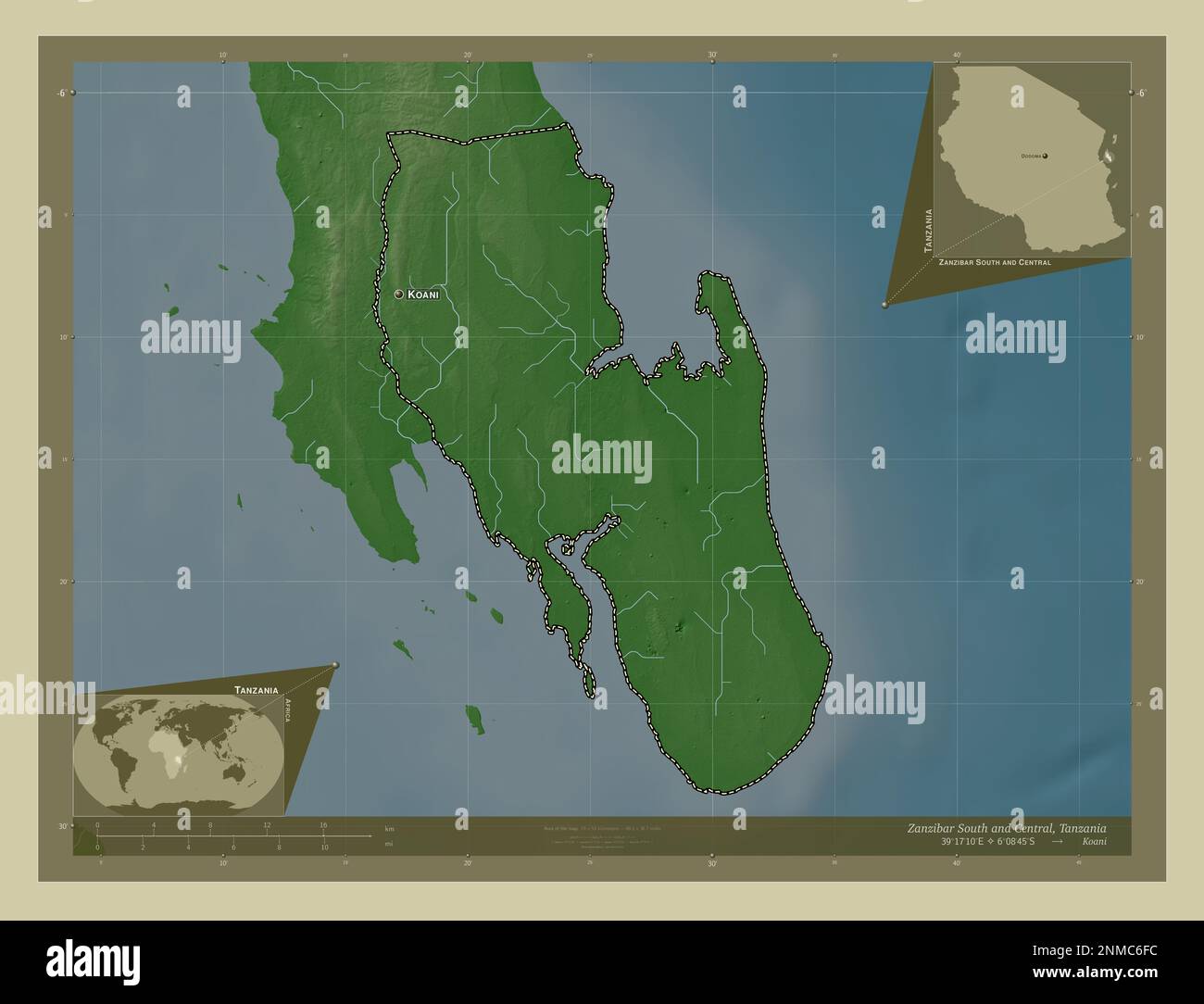 Zanzibar South and Central, region of Tanzania. Elevation map colored ...