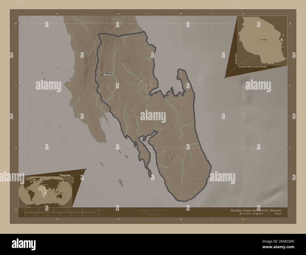 Zanzibar South and Central, region of Tanzania. Elevation map colored ...