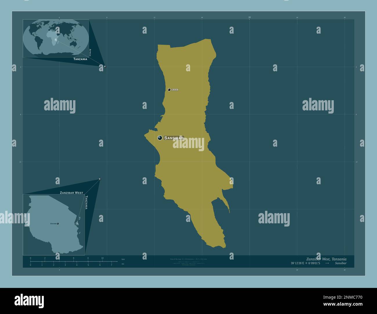 Zanzibar West, region of Tanzania. Solid color shape. Locations and ...