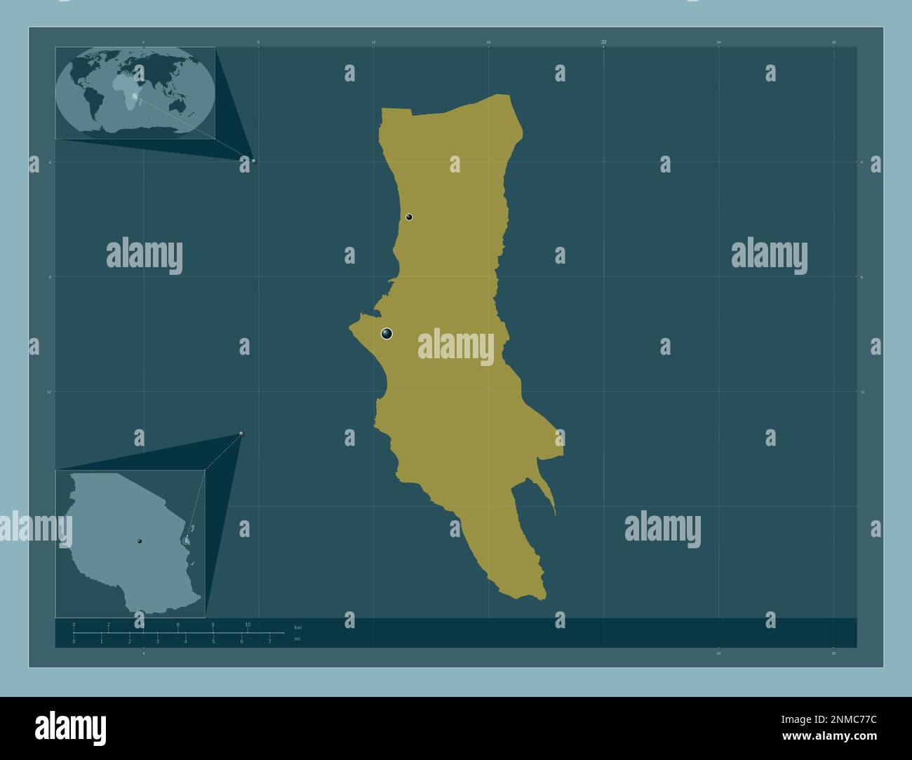 Zanzibar West, region of Tanzania. Solid color shape. Locations of ...
