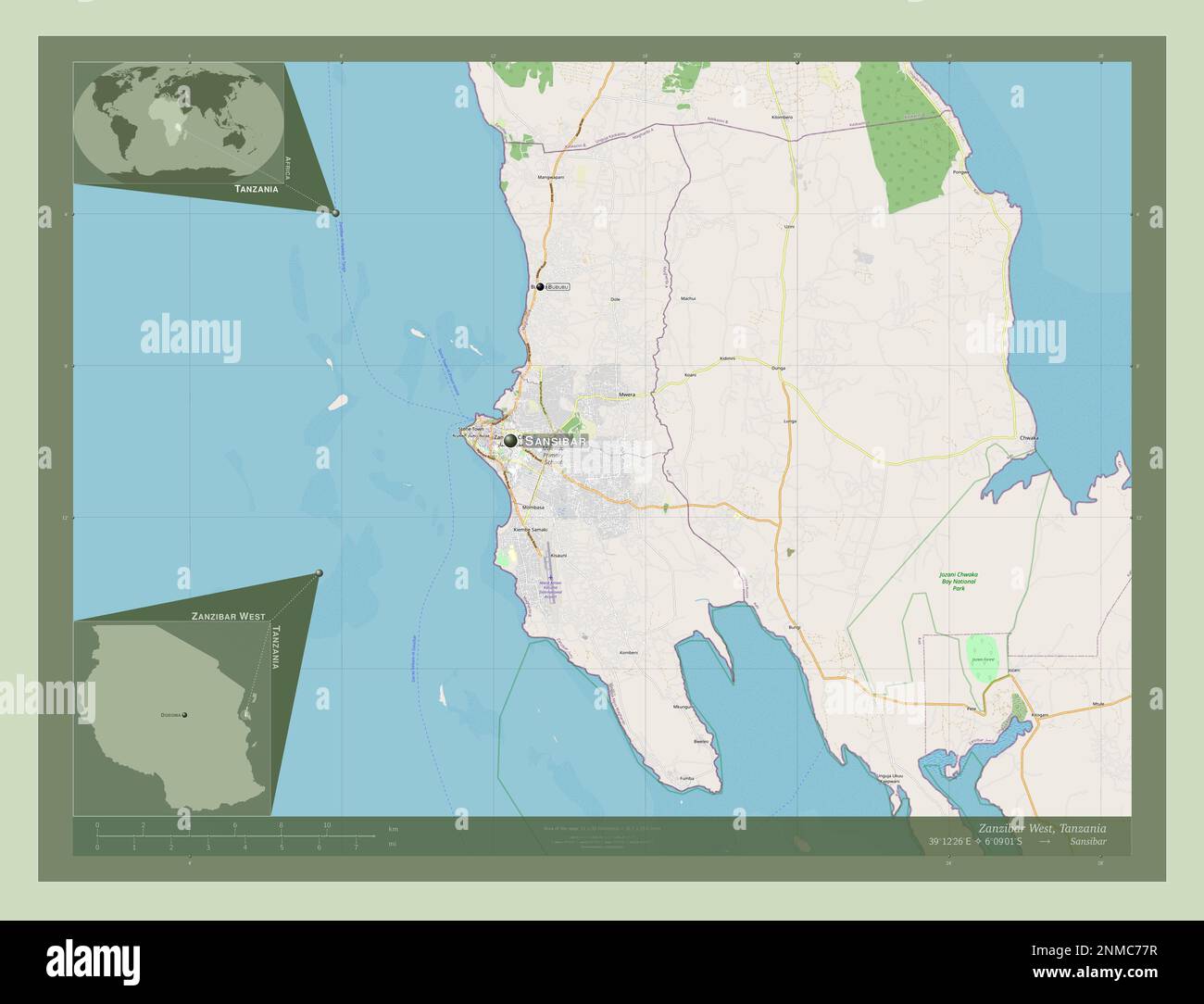 Zanzibar West, region of Tanzania. Open Street Map. Locations and names ...