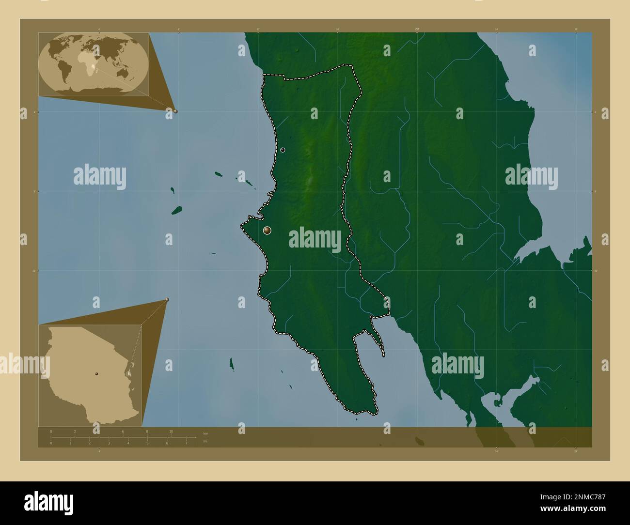 Zanzibar West, region of Tanzania. Colored elevation map with lakes and ...