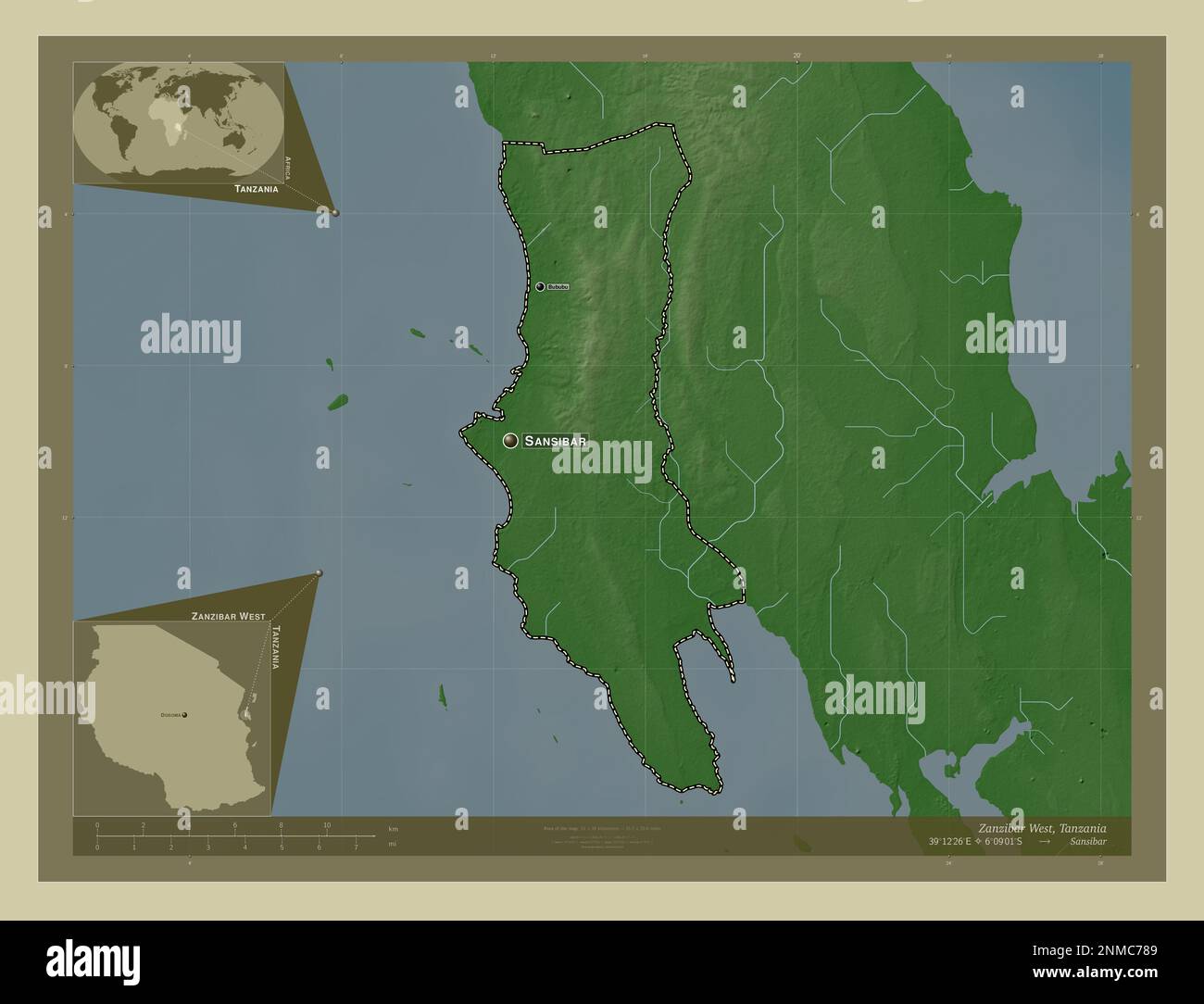 Zanzibar West, region of Tanzania. Elevation map colored in wiki style ...