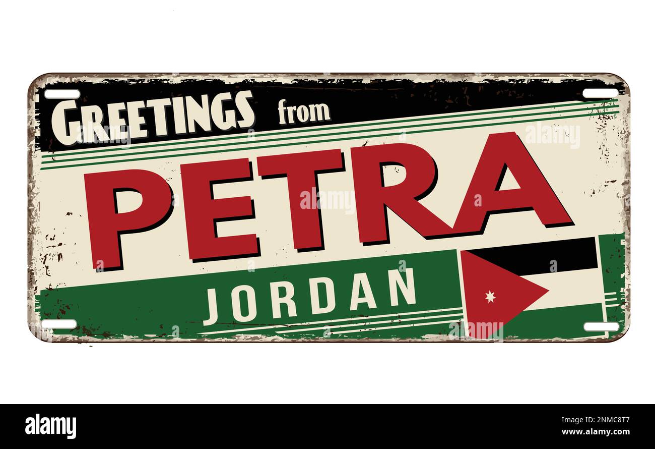 Greetings from Petra vintage rusty metal sign on a white background ...