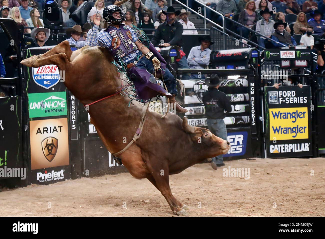 LAS VEGAS, NV - NOVEMBER 05: Thiago Salgado rides bull Ground Assault during the 2021 PBR World ...