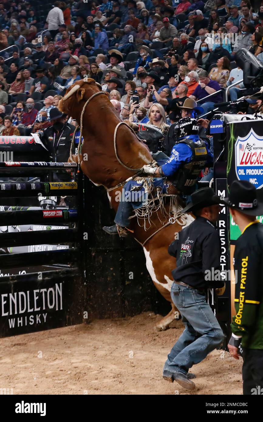 LAS VEGAS, NV - NOVEMBER 04: Cody Nance rides bull Marquis Metal Works ...