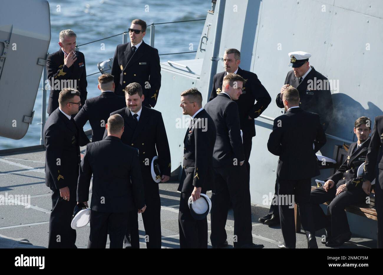 Crews of the frigate Bayern of Bundeswehr are pictured as they entered ...