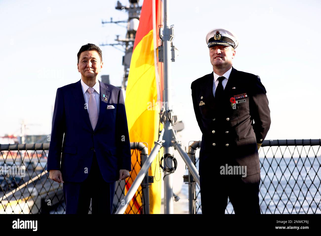 The frigate Bayern's captain Tilo Kalski and Japan's Defense Minister ...