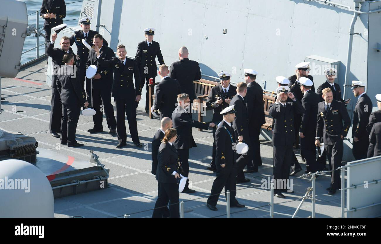 Crews of the frigate Bayern of Bundeswehr are pictured as they entered ...