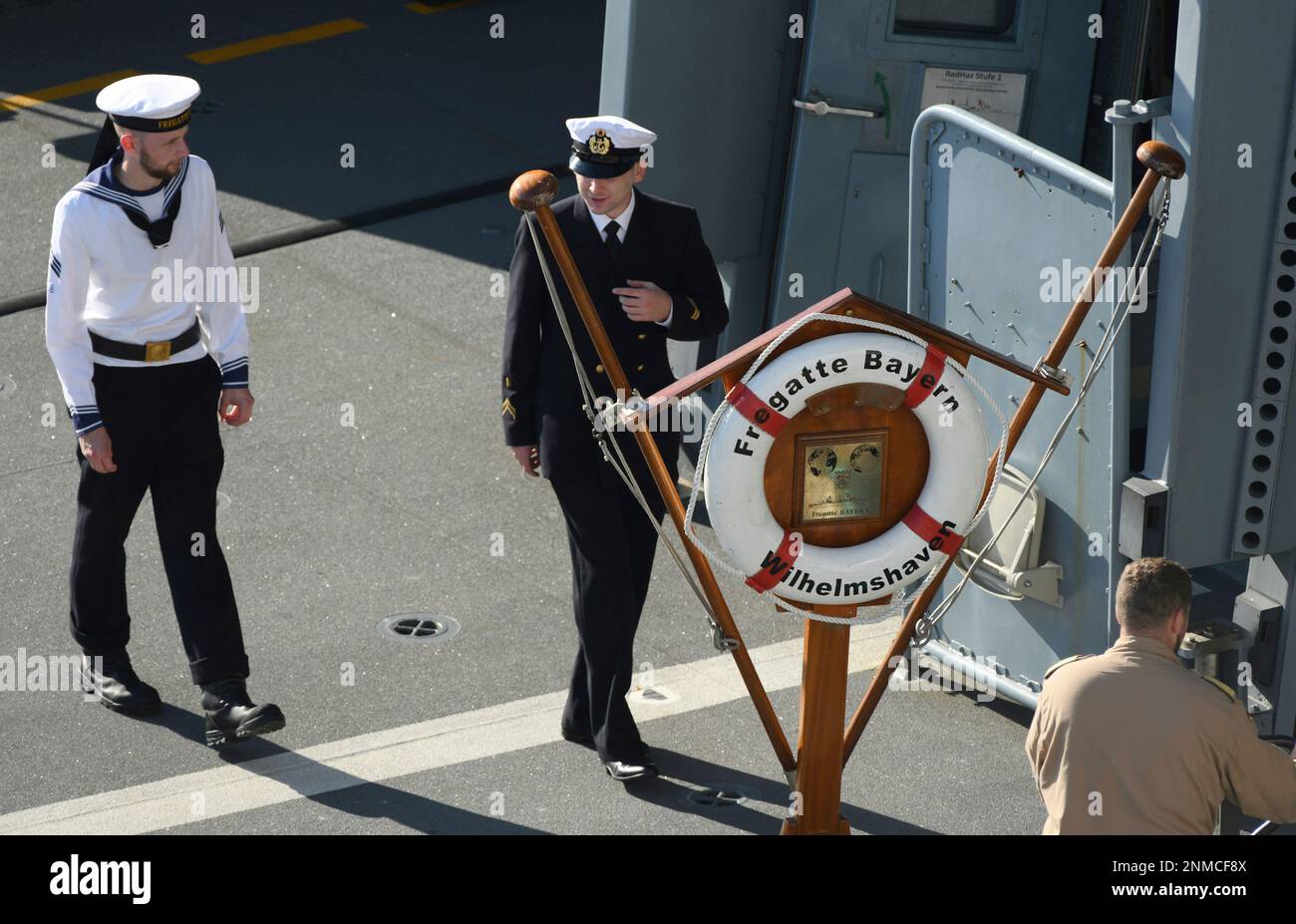 Crews of the frigate Bayern of Bundeswehr are pictured as they entered ...