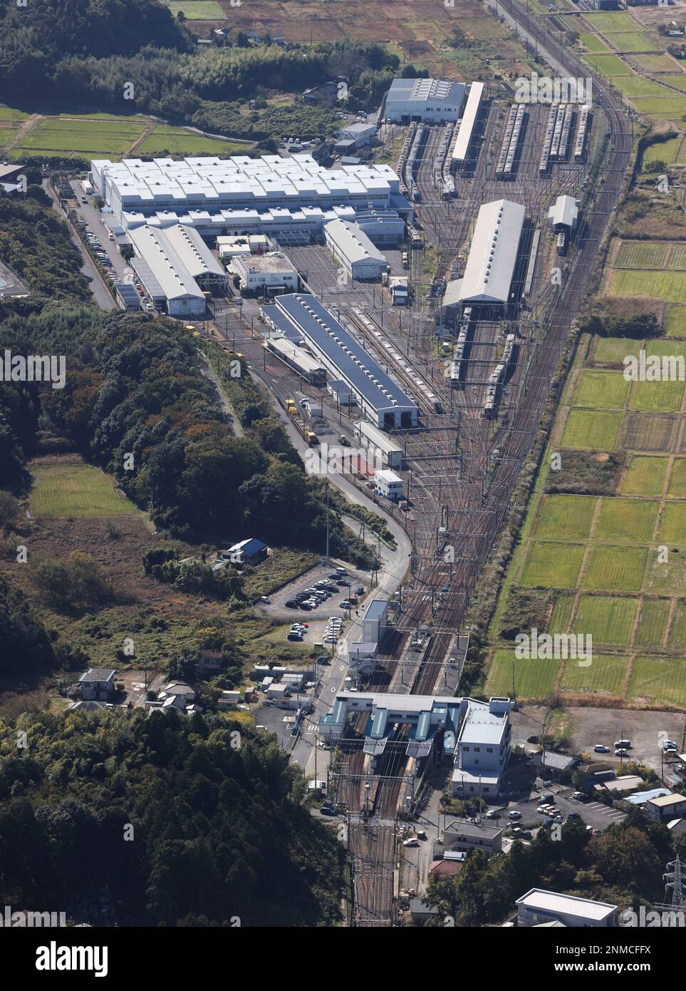 An aerial photo shows Sogo rail yard of Keisei Electric Railway Co ...