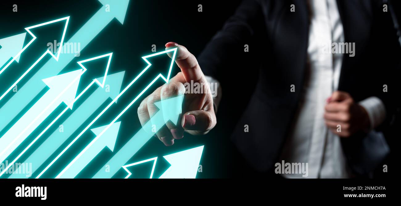 Lady In Suit Standing Pointing On virtual button. Showing Futuristic ...